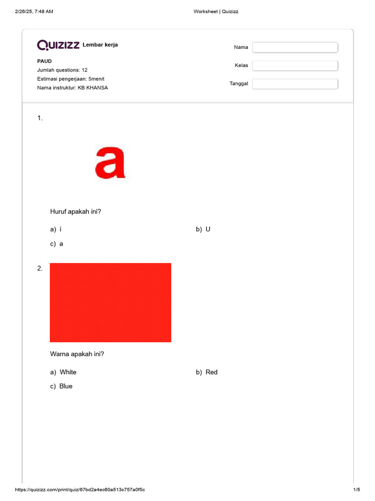 Lembar Kerja PAUD Quizizz | PDF