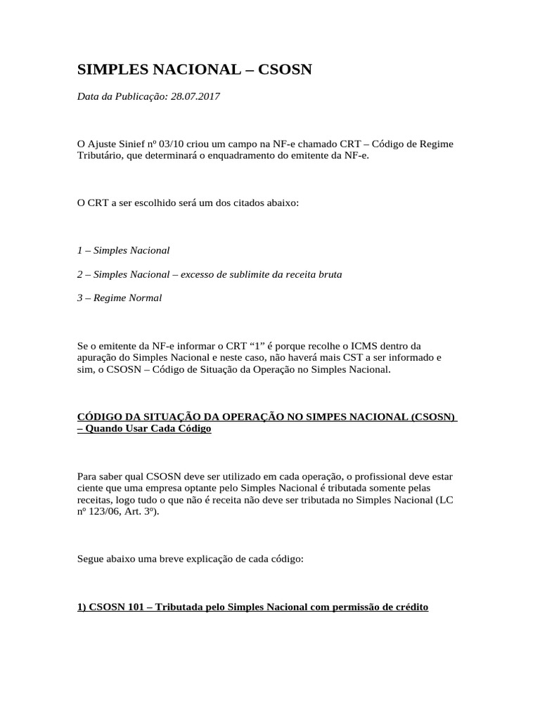 SIMPLES NACIONAL codigo csosn | PDF | Recibo | Impostos