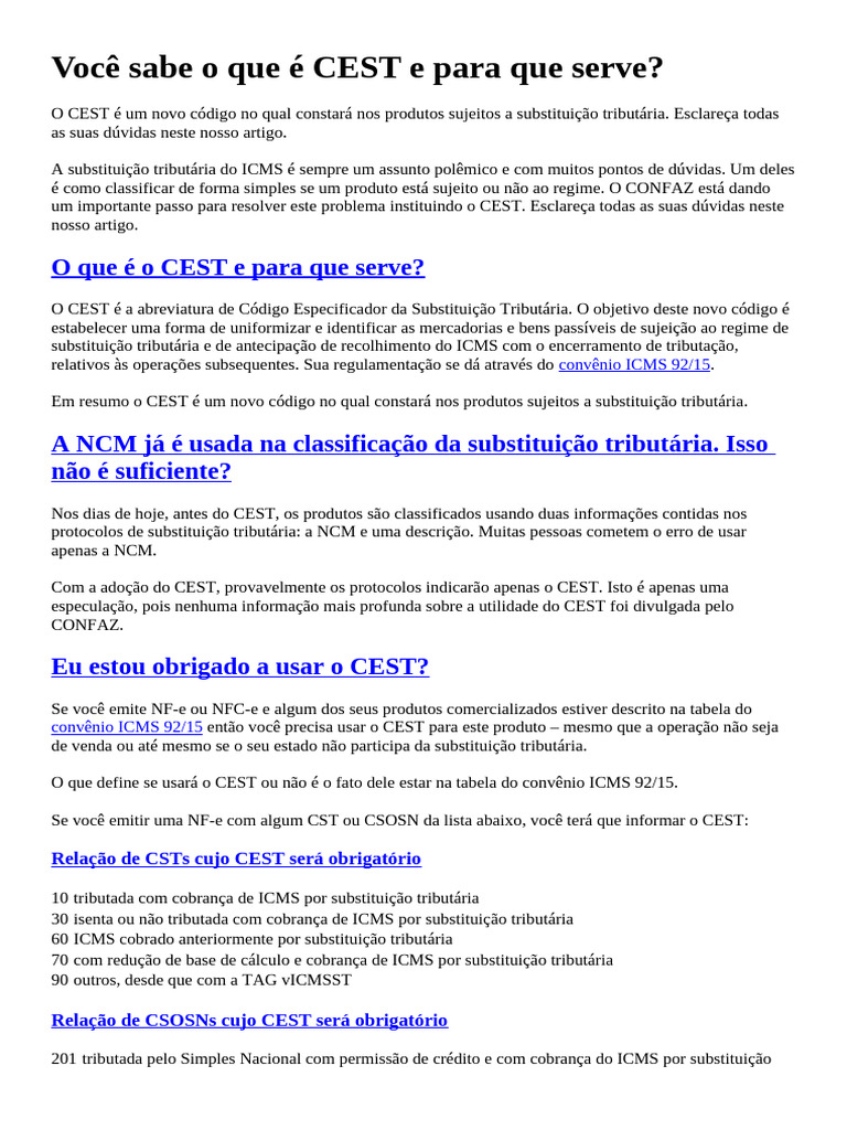 Você sabe o que é CEST e para que serve | PDF