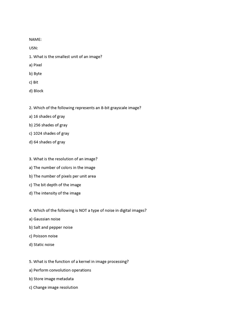 DIGITAL IMAGE PROCESSING QUIZZ | PDF | Computer Engineering | Signal Processing