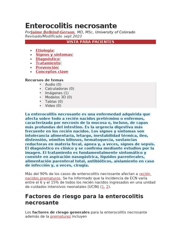 Enterocolitis Necrosante en Recién Nacidos | PDF | Especialidades ...