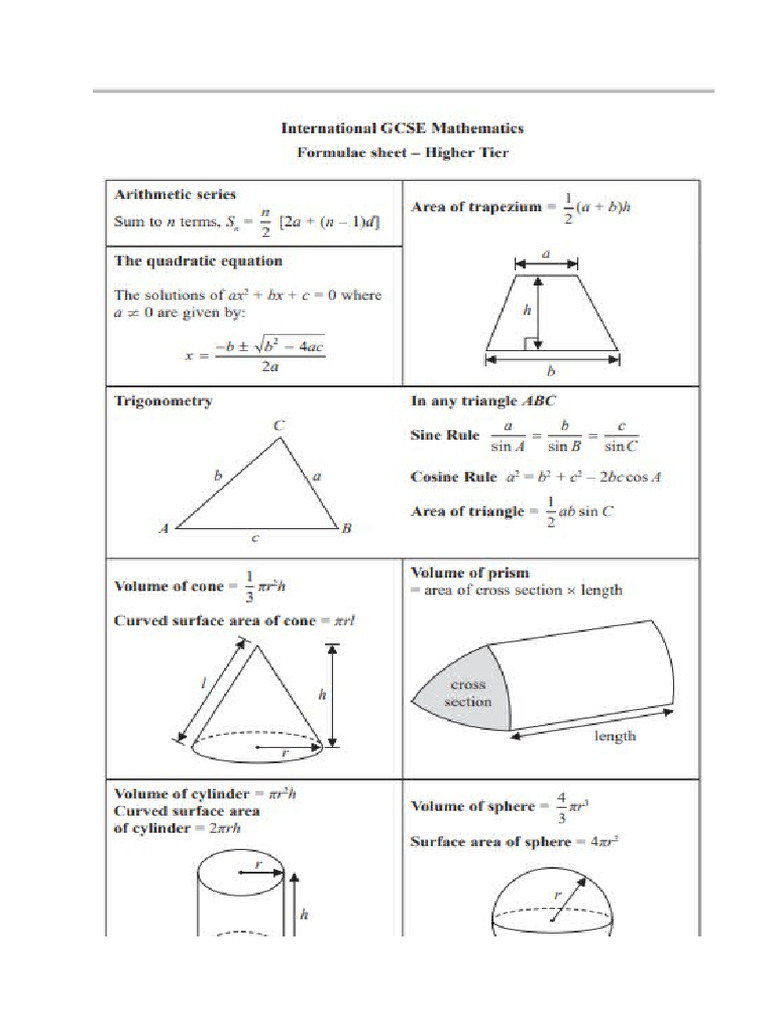 IGCSE Formulae Sheet | PDF