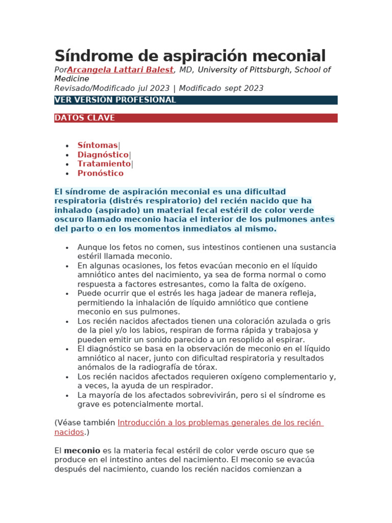 Síndrome de Aspiración Meconial | PDF | Pulmón | Especialidades Medicas