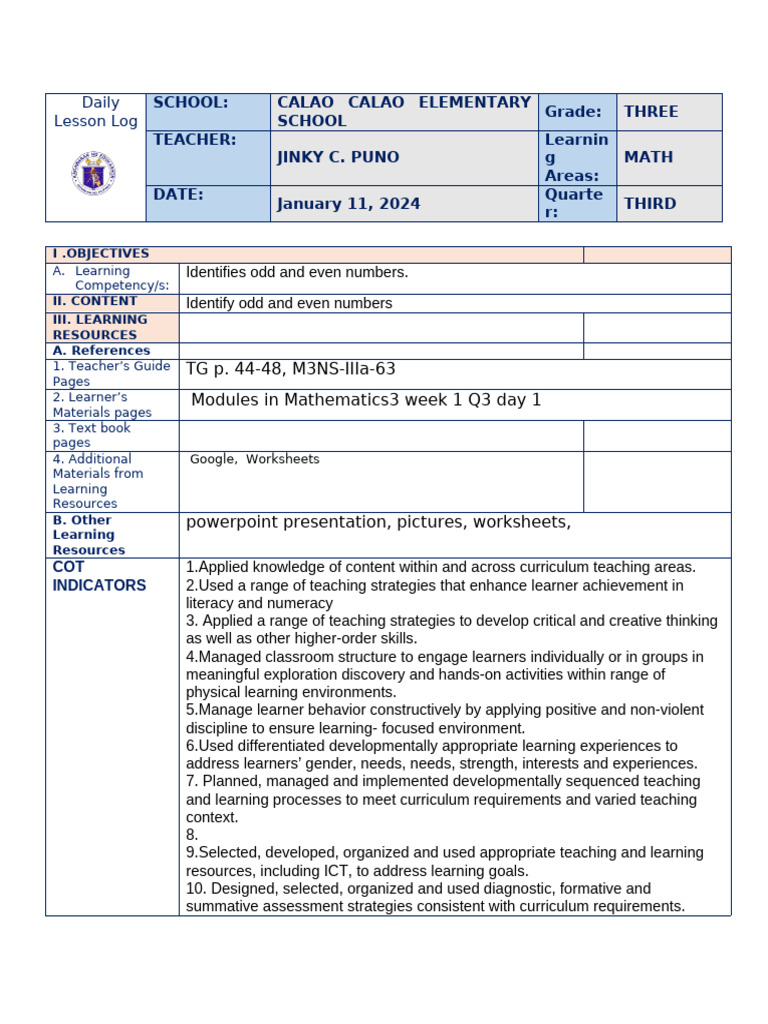 Grade 3 COT in Math Q2 2024 | PDF | Learning | Educational Assessment