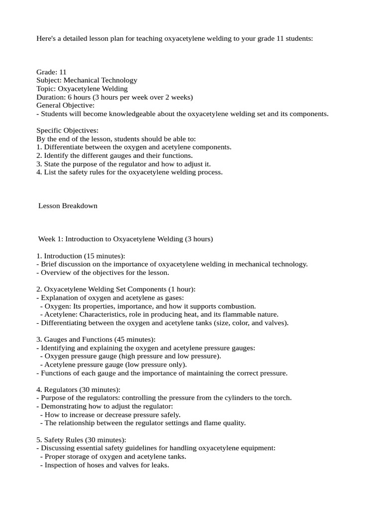 Oxyacetylene Welding Lesson Plan for Grade 11 | PDF | Gases ...