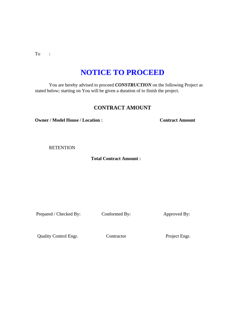 Notice to Proceed Template for Construction | PDF