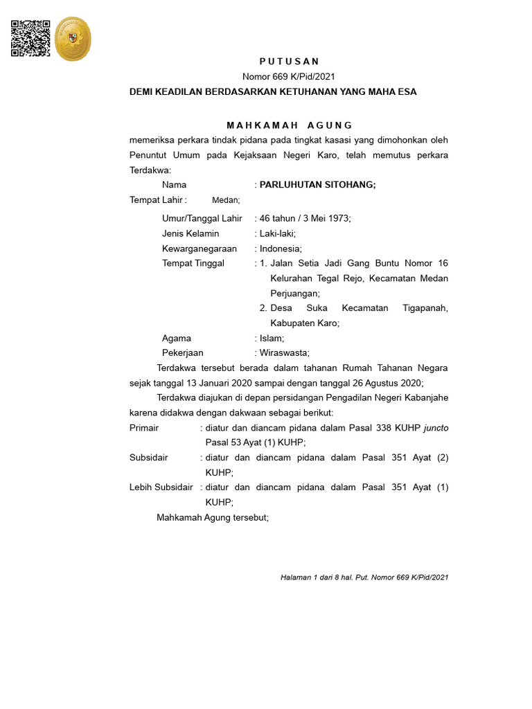 Putusan Kasasi Tindak Pidana Penganiayaan | PDF