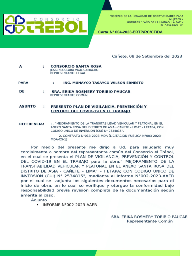Carta N°004 Plan de Prevencion y Control | PDF