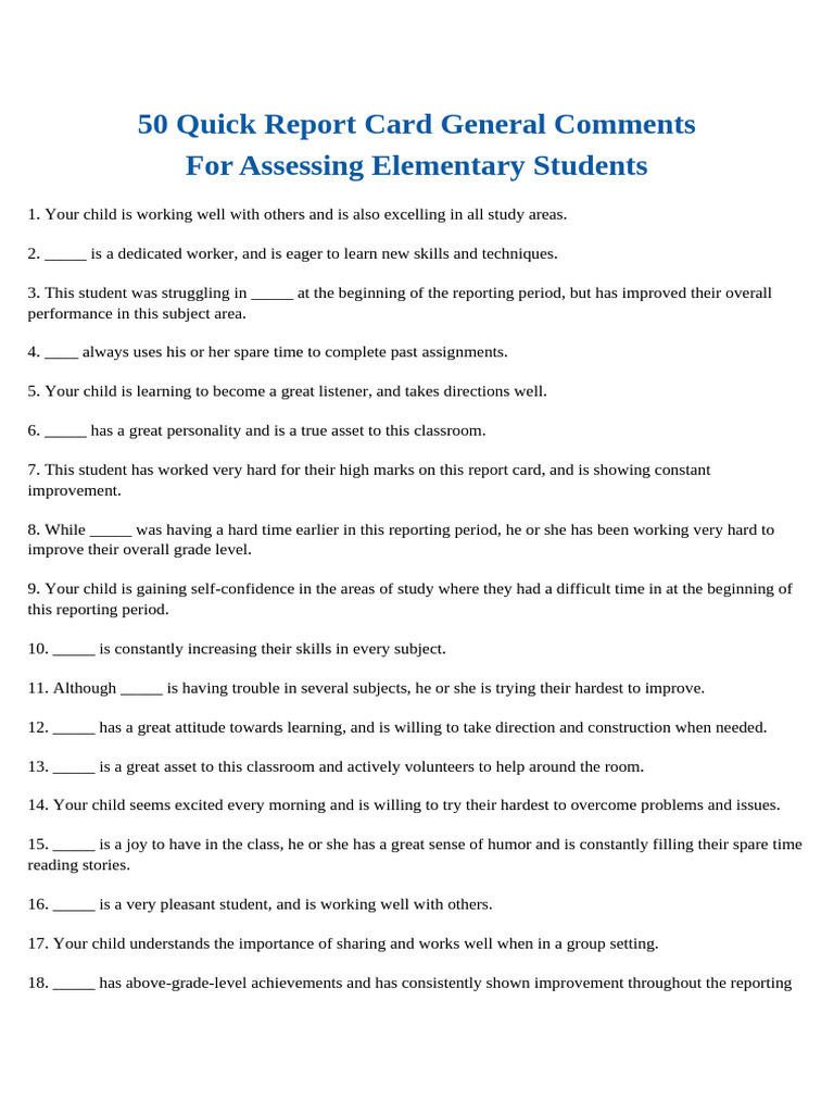 Great Report Card Comments | PDF | Homework | Teachers