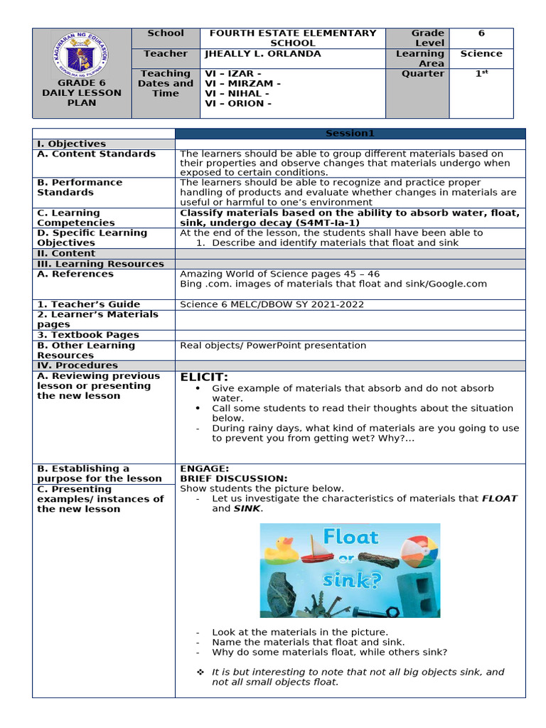 Grade 6 Science Lesson: Float or Sink | PDF | Buoyancy | Learning