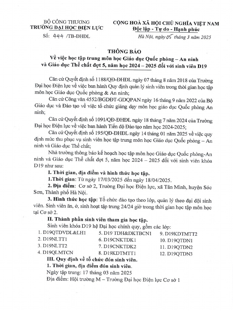 444-TB Hoc Tap Trung Mon GDQP-AN Va GDTC Dot 5 Doi Voi Sinh Vien D19 - 0001 | PDF