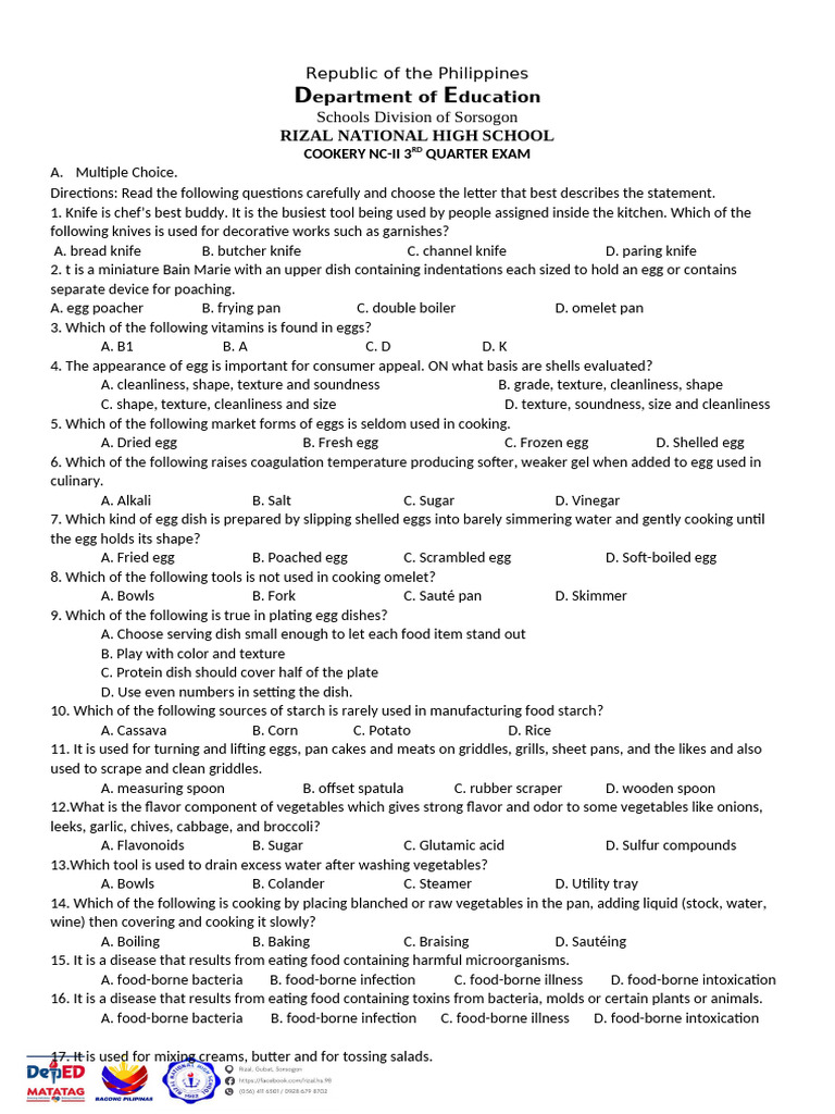 Cookery Exam 3RD Quarter Sy.24-25 T-Print | PDF | Pasta | Cooking