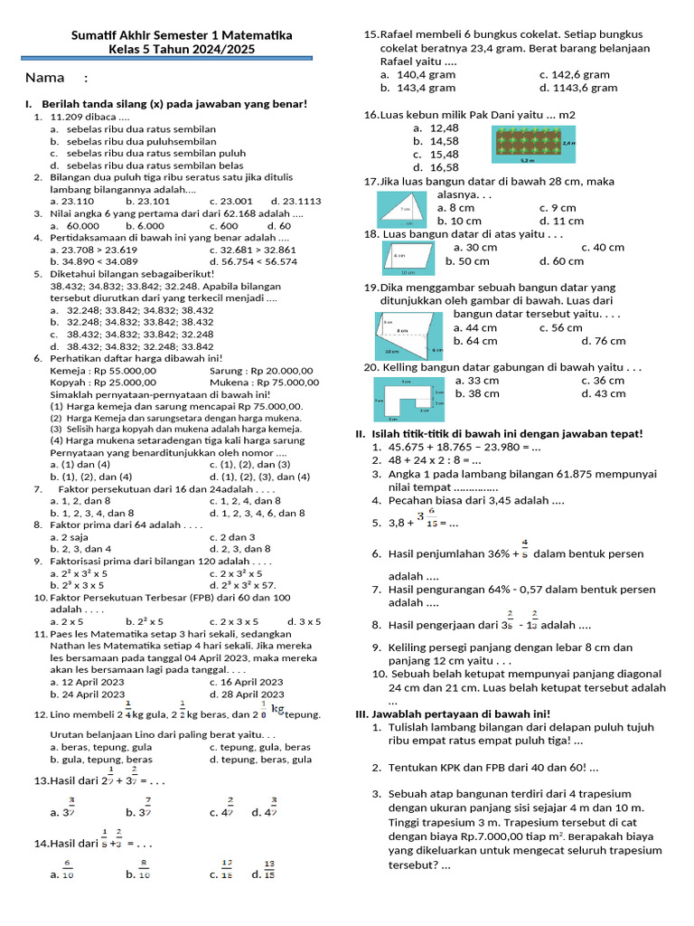 Soal Sumatif Matematika kelas 5 | PDF