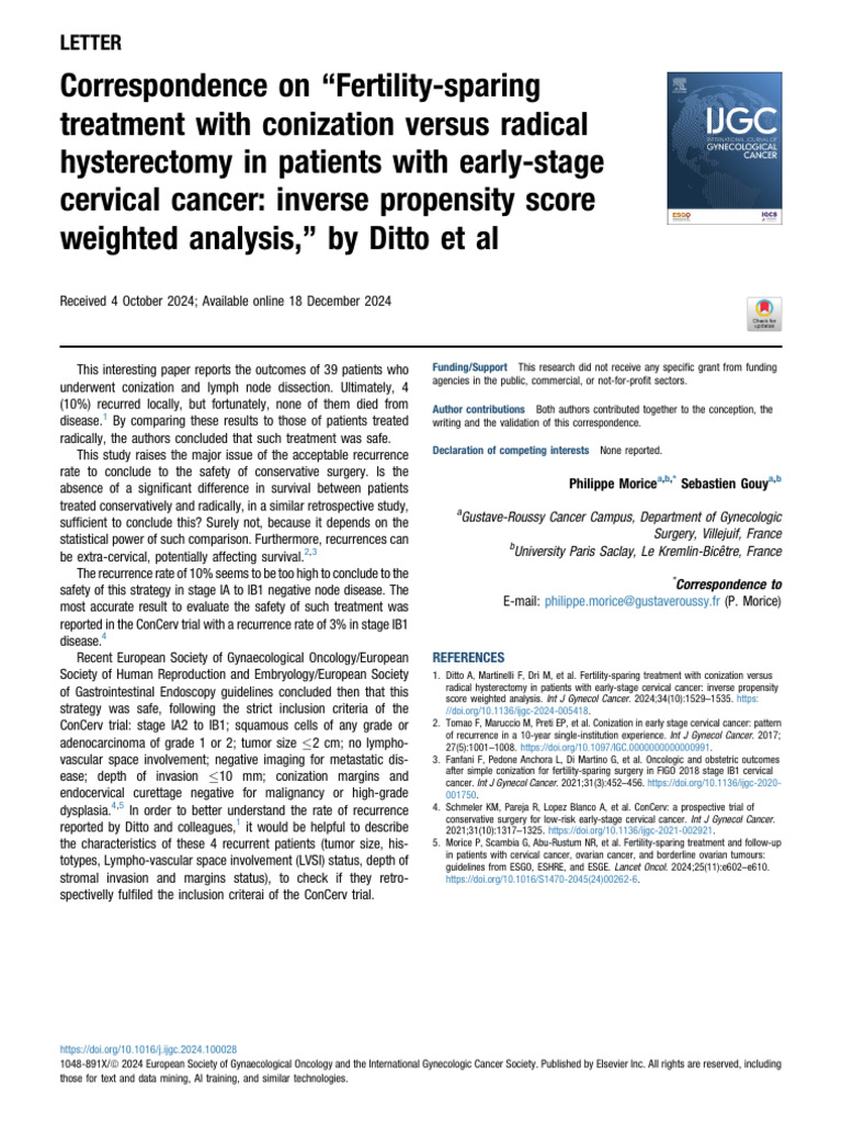 Correspondence On “ Fertility Sparing Treatm | PDF | Cervical Cancer ...