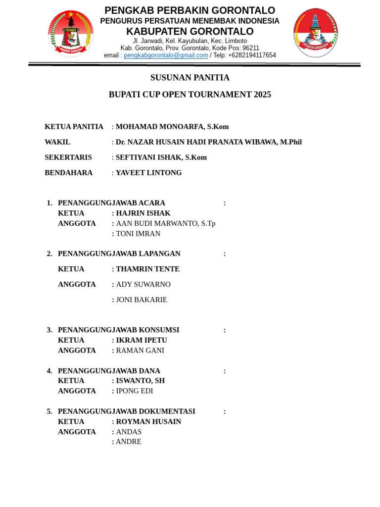 Panitia Bupati Cup 2025 Gorontalo | PDF