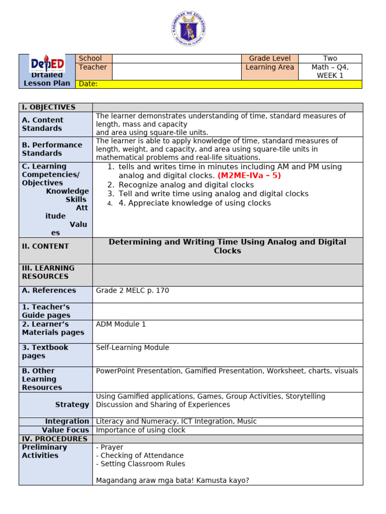 LESSON PLAN FORMAT 4as QUARTER 4 WEEK 1 TELLING TIME EDITED | PDF ...