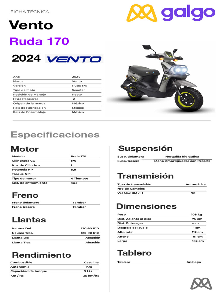 Ficha T Cnica Vento Ruda 170 Galgo | PDF