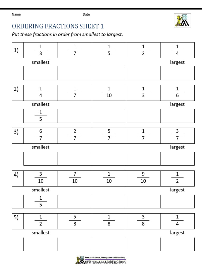 Ordering Fractions Worksheet | PDF