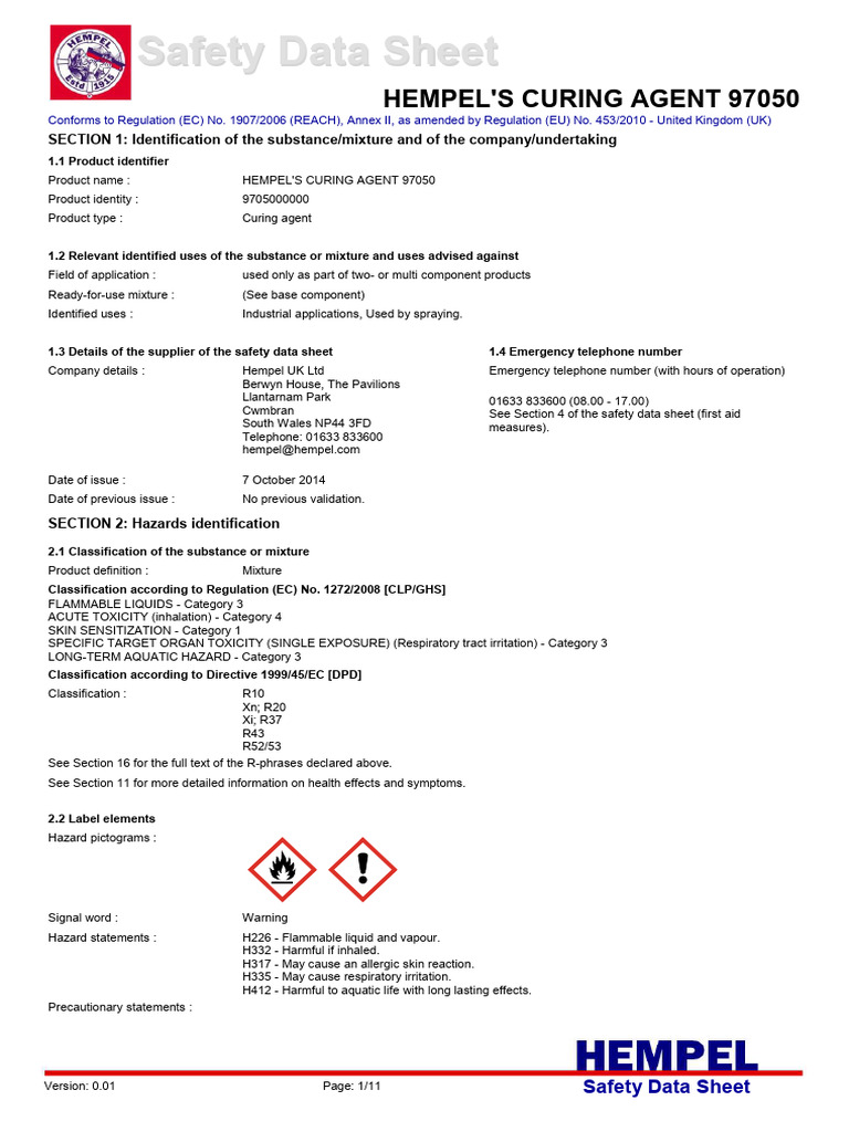 Hempathane HS 55610 Curing Agent Safety Data Sheet | PDF | Toxicity | Occupational Safety And Health