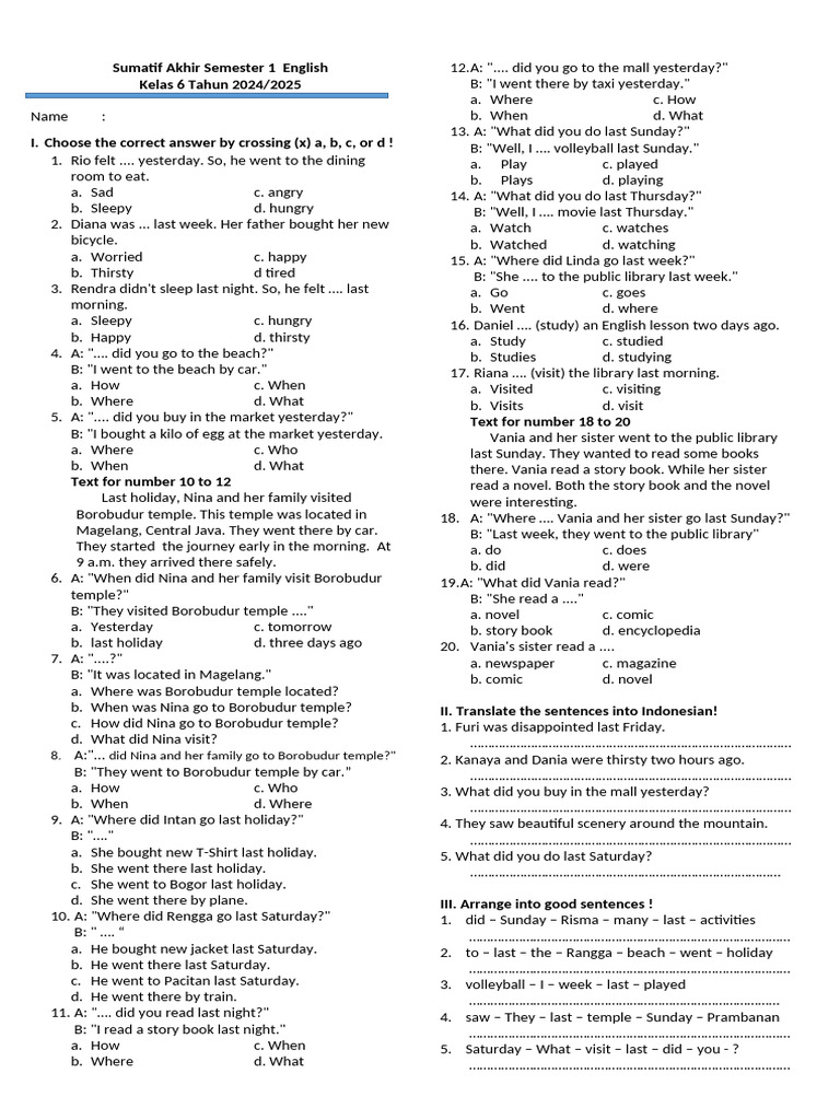 Soal Sumatif Bahasa Inggris Kelas 6 | PDF