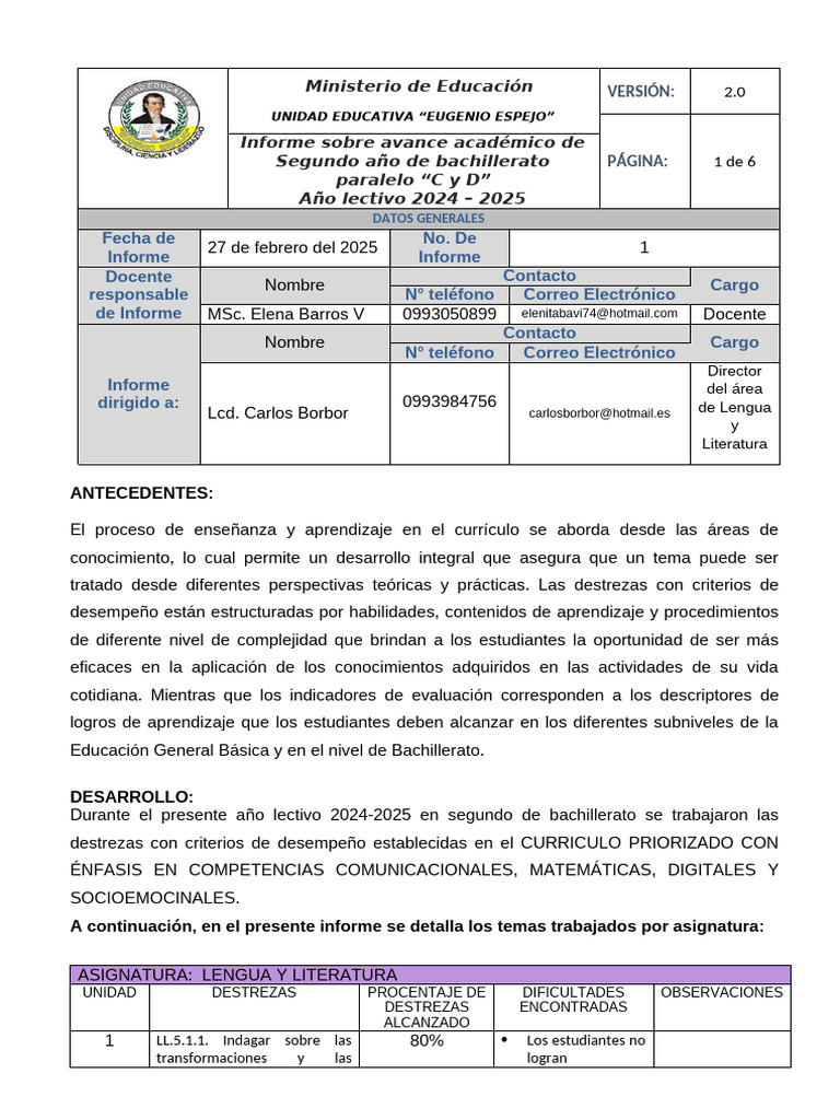INFORME AVANCE ACADEMICO - SEGUNDO - BACH - C y DLYL - ELENA - 2024 | PDF | Plan de estudios ...