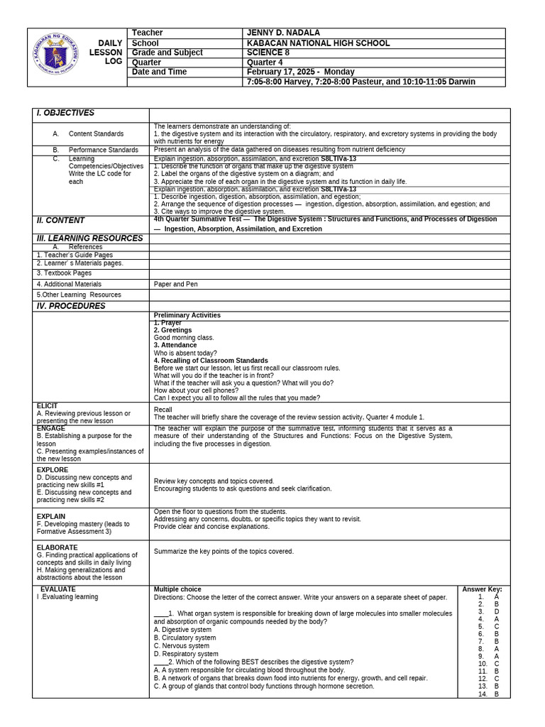 SCI8-Q4-M1-LP-Feb 17 Summative Test | PDF | Digestion | Small Intestine