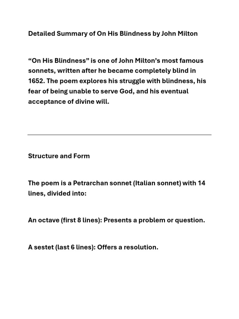 On His Blindness Summary | PDF | Sonnets | Poetry