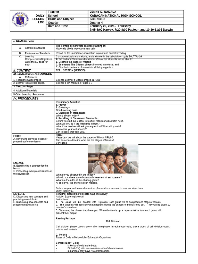 Meiosis Lesson Plan for Science 8 | PDF | Meiosis | Chromosome