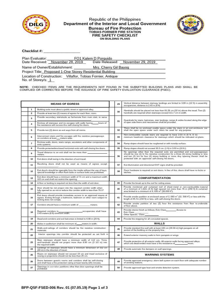 FSED 006 Fire Safety Checklist REV 1 PORQUIDO | PDF | Stairs | Door