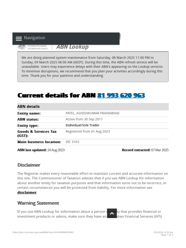 Current Details for ABN 81 993 620 963 | ABN Lookup | PDF | Taxes | Government Finances