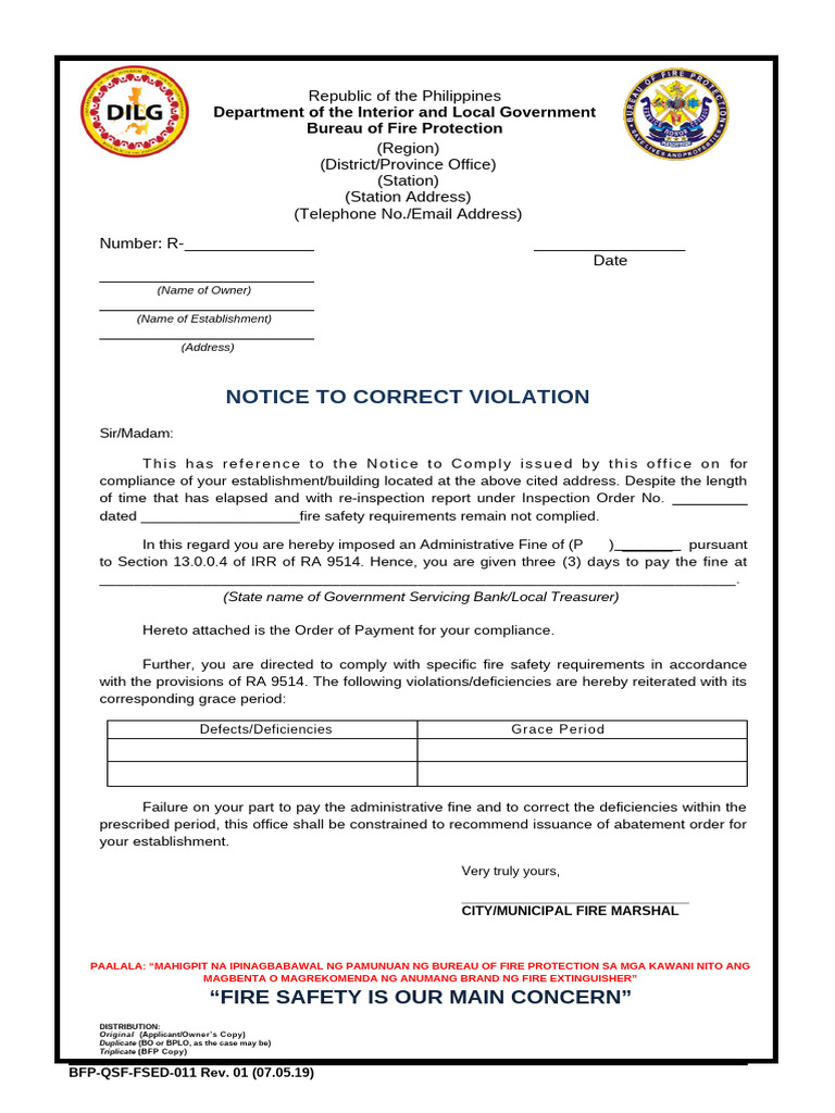 Fire Safety Violation Notice Template | PDF