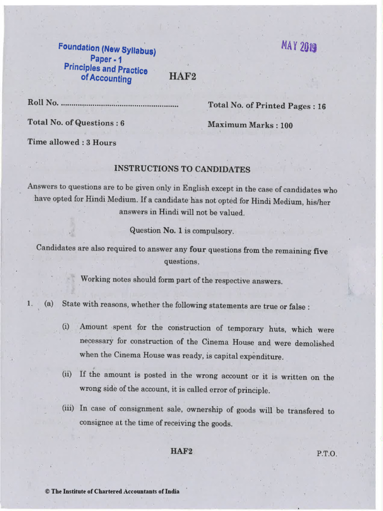 Icai Question Paper May 19 | PDF