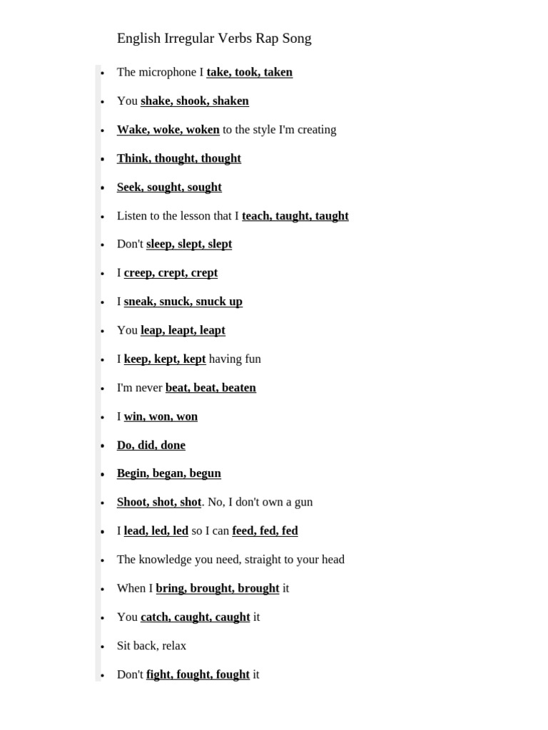 English Irregular Verbs Rap Song | PDF