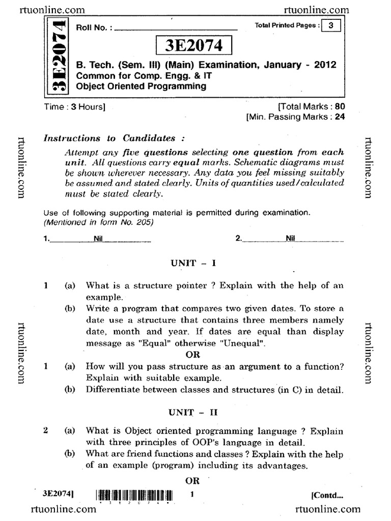Btech Cs It 3 Sem Object Oriented Programming 3e2074 Jan 2012 Pdf