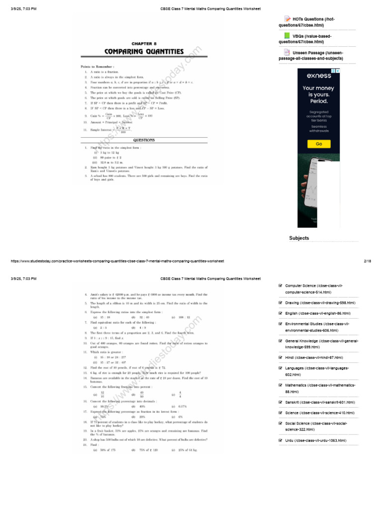 CBSE Class 7 Mental Maths Comparing Quantities Worksheet | PDF ...