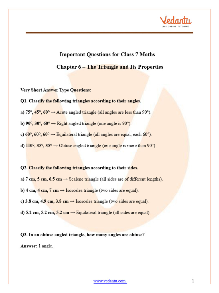 Class 7 Maths Chapter 6 Triangle and Its Properties Important Questions ...
