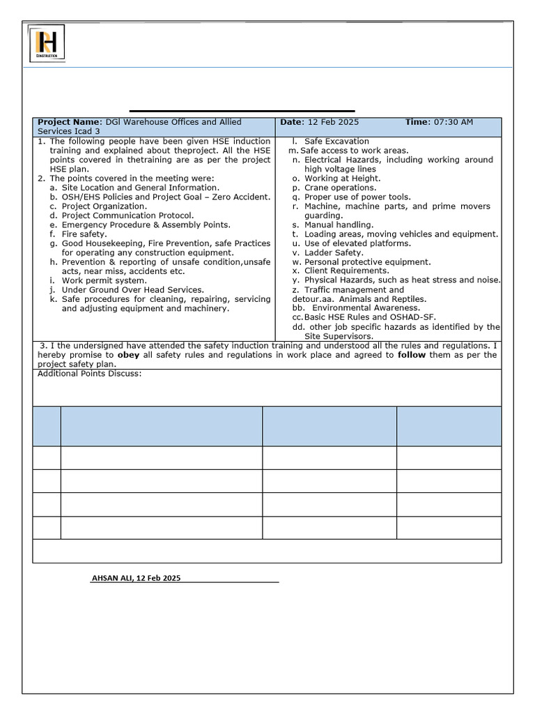 HSE SITE INDUCTION RECORD - 12 feb 2025 | PDF | Safety | Occupational ...
