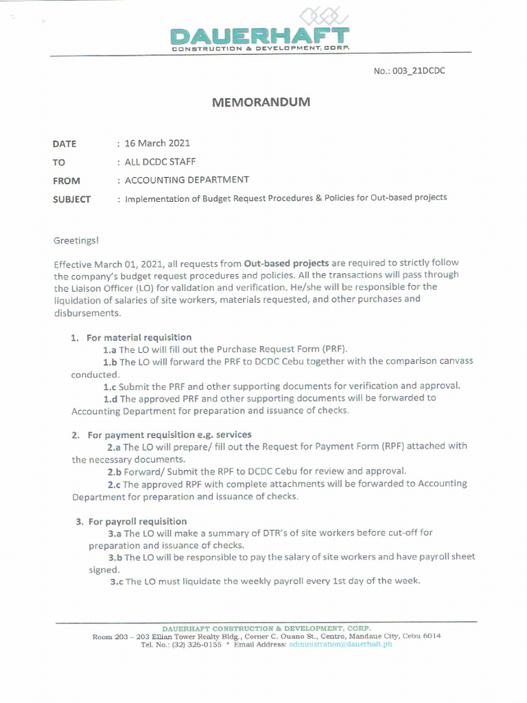 Memo For Out-Based Projects | PDF