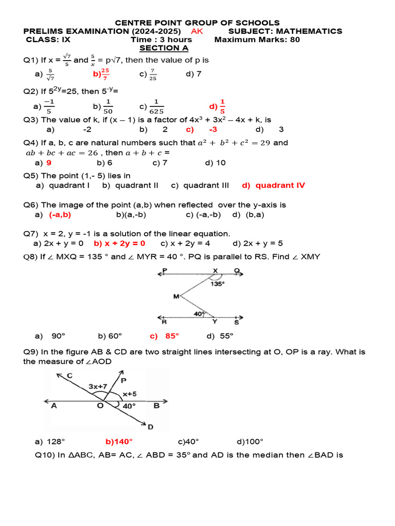 Class IX Mathematics Prelims 2024-2025 | PDF | Area | Elementary Geometry