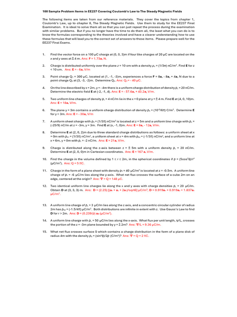 100 Sample Problem Items in EE237 Covering Topics From Coulomb's Law To The Steady Magnetic ...