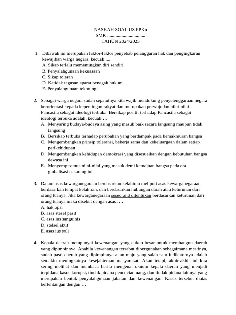 Soal - Us PPKN 2025 (Ok) | PDF