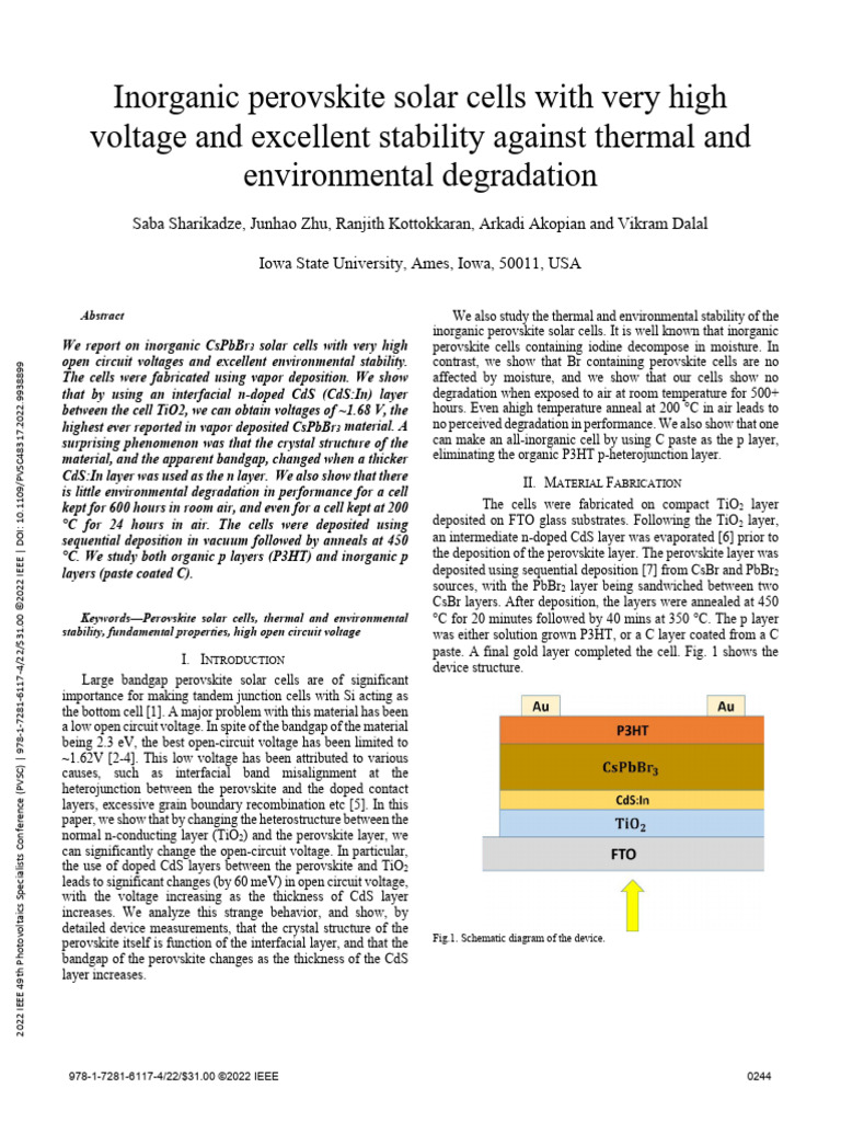 Inorganic Perovskite Solar Cells With Very High Voltage and Excellent ...