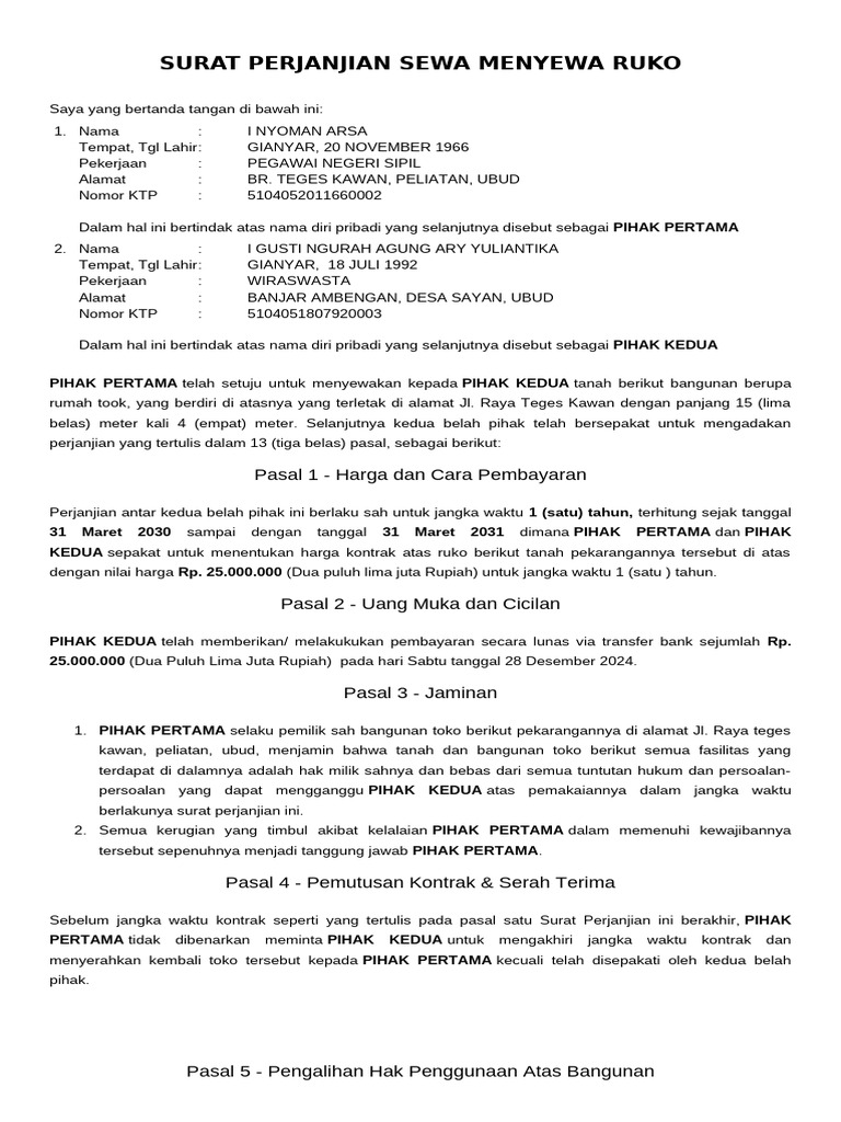 Contoh Surat Perjanjian Sewa Menyewa Ruko | PDF