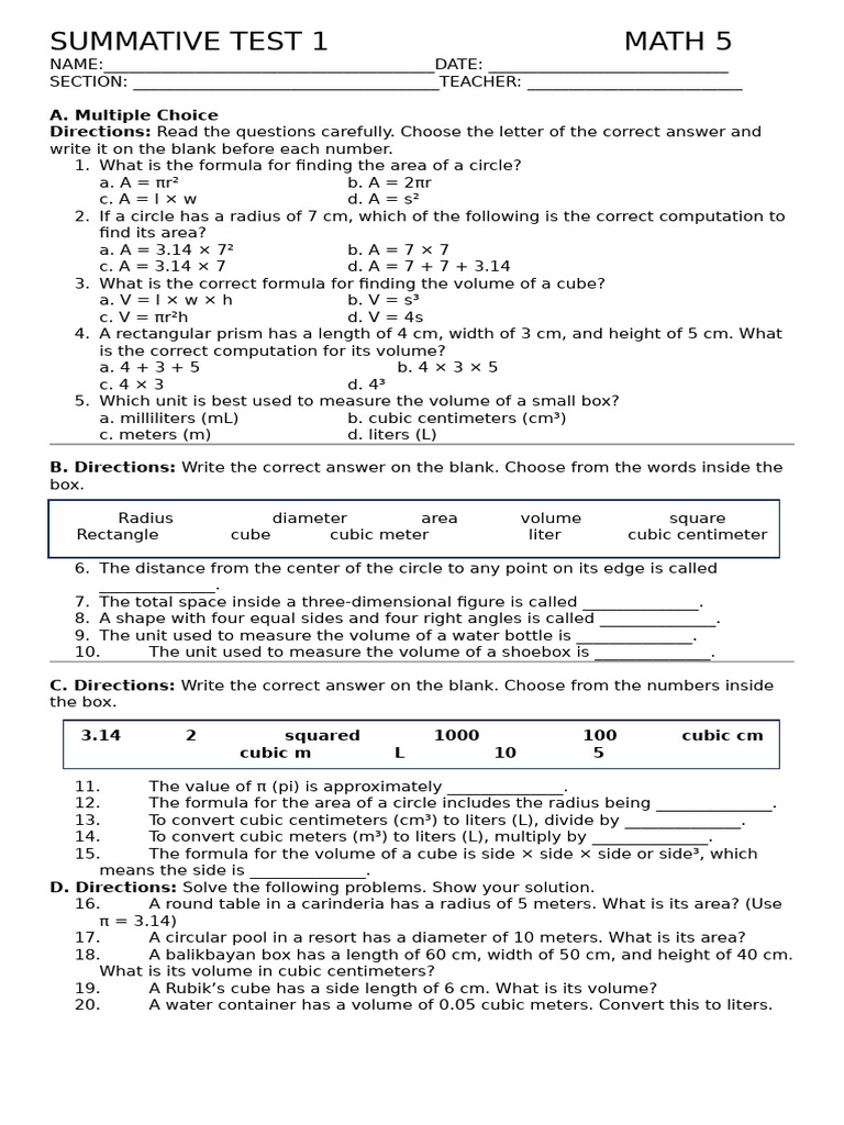 MATH 5 SUMMATIVE 01 | PDF | Volume | Area