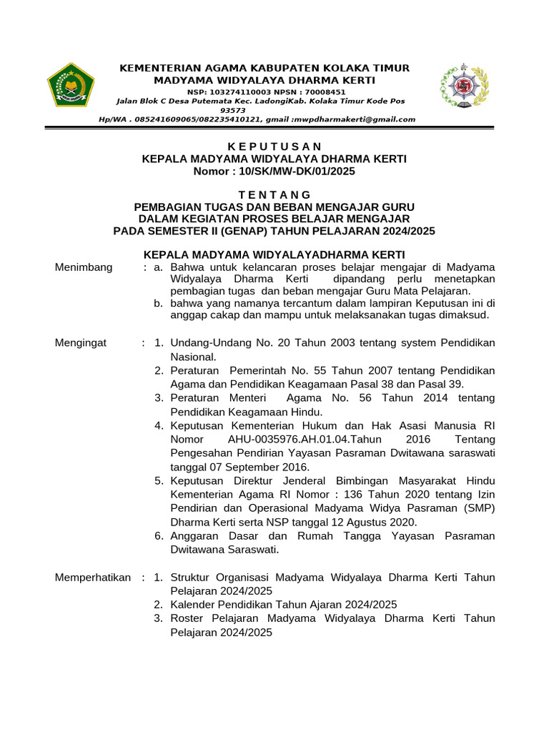 SK Pembagian Tugas Genap 2024-2025 | PDF