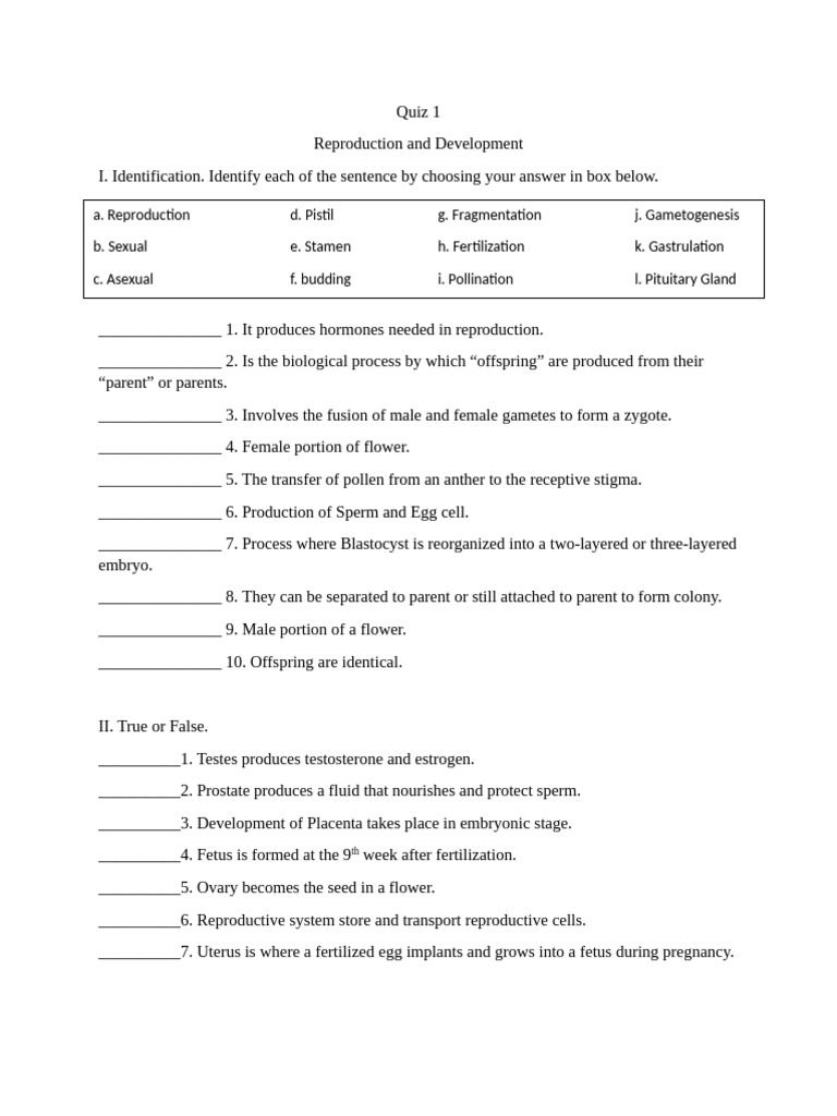 Reproduction Quiz 1 Overview | PDF