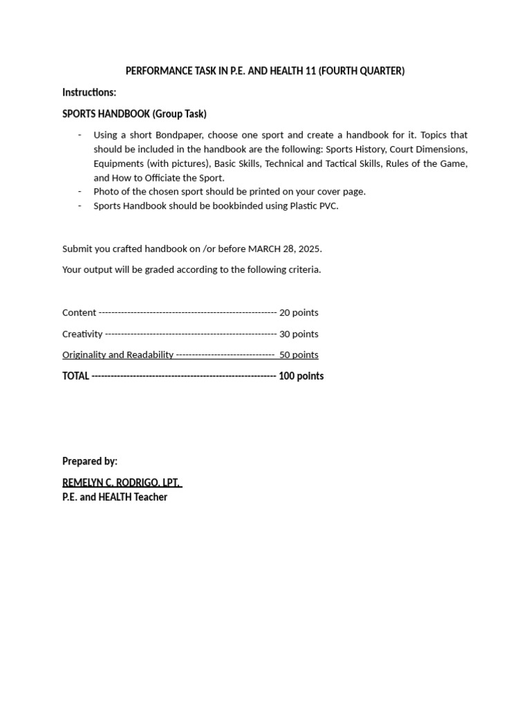 PERFORMANCE TASK IN P.E. (4th Quarter) | PDF