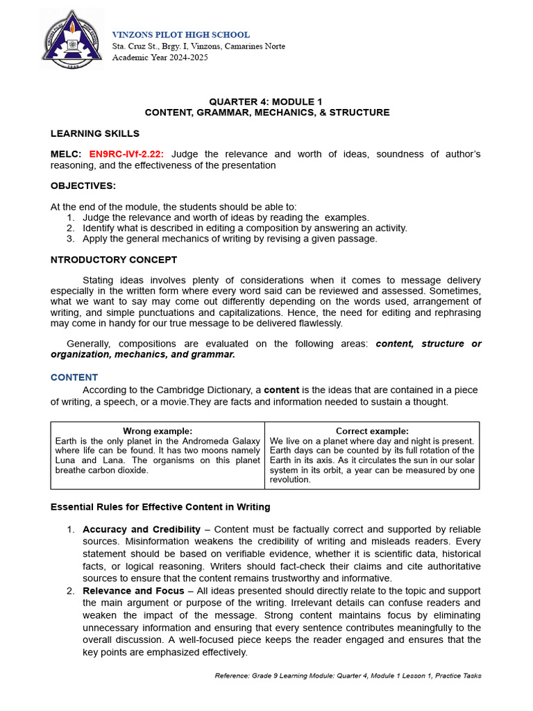 Module 1 Content Grammar Mechanics and Structure | PDF | Adverb ...