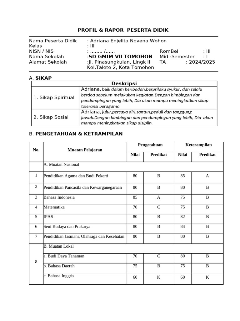 RAPORT MID-SEM I VA 2024-2025 - Kelas III | PDF