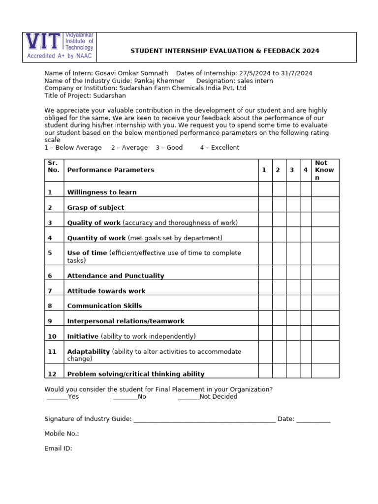 Summer Internship Feedback Form | PDF